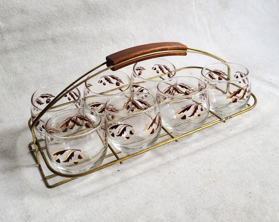 Vintage MCM Federal Glass Roly Poly 7 Glasses Caddy Bar Set 22K Gold ...