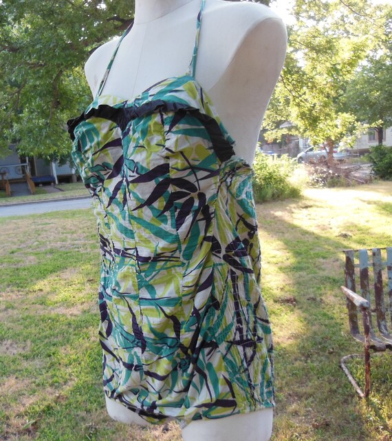 Vintage One Piece Swimsuit Halter Style Tropical Prin… - Gem