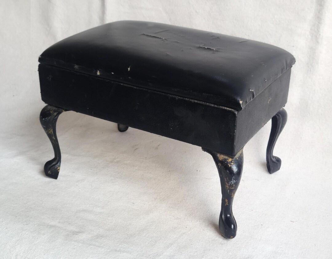Vintage Iron Leg Foot Stool Curvy Metal Leg Storage Chest Upholstered ...