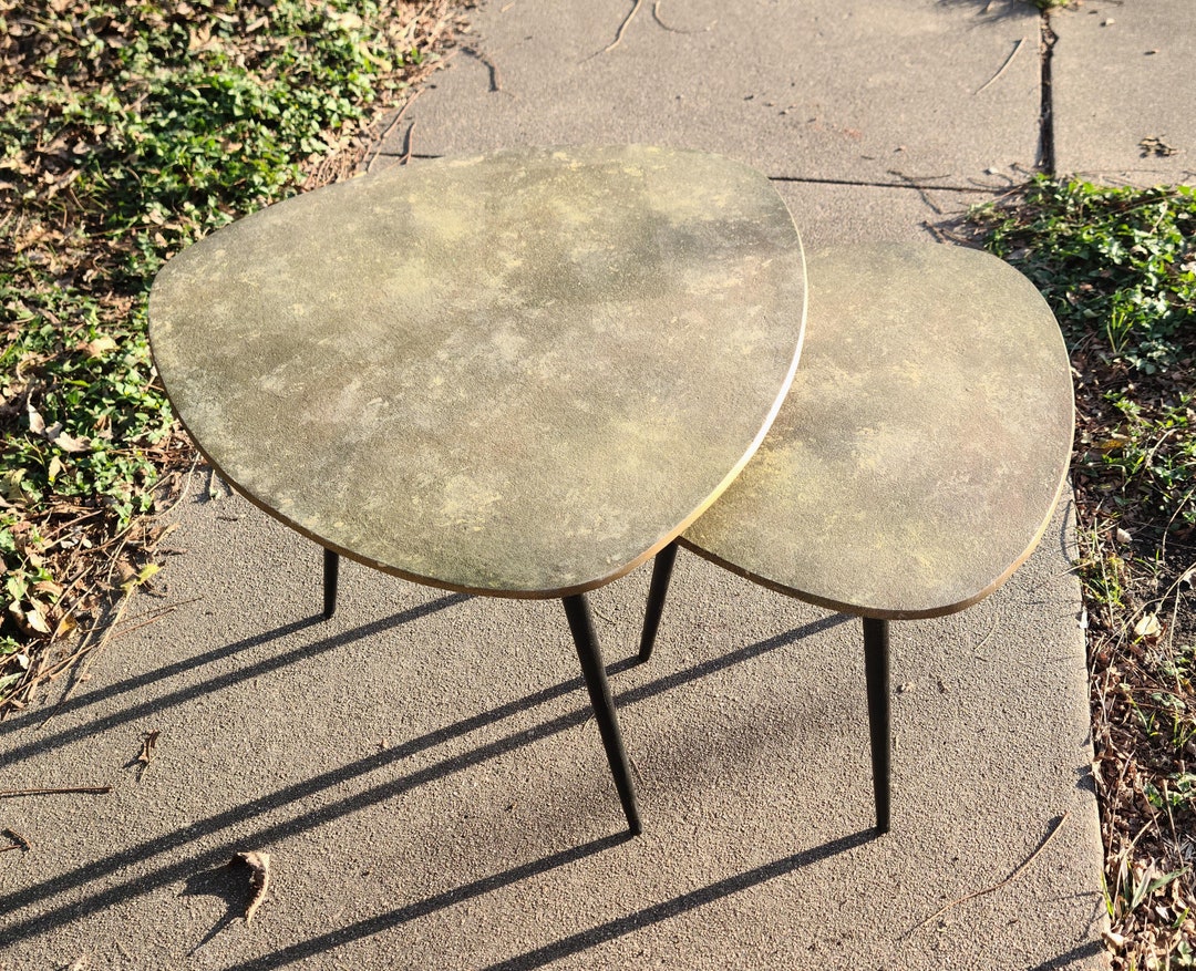 Vintage Pair of Metal Guitar Pick Triangle Tables Reproduction Mid Century Modern Style 3 Leg ...
