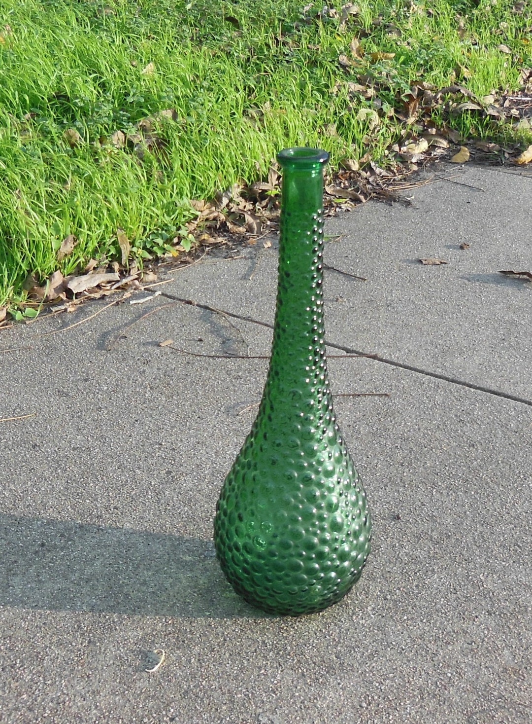 Vintage Tall Glass Bottle Green Bubble Glass Bottle No Stopper Flower Vase 1960s Genie Bottle