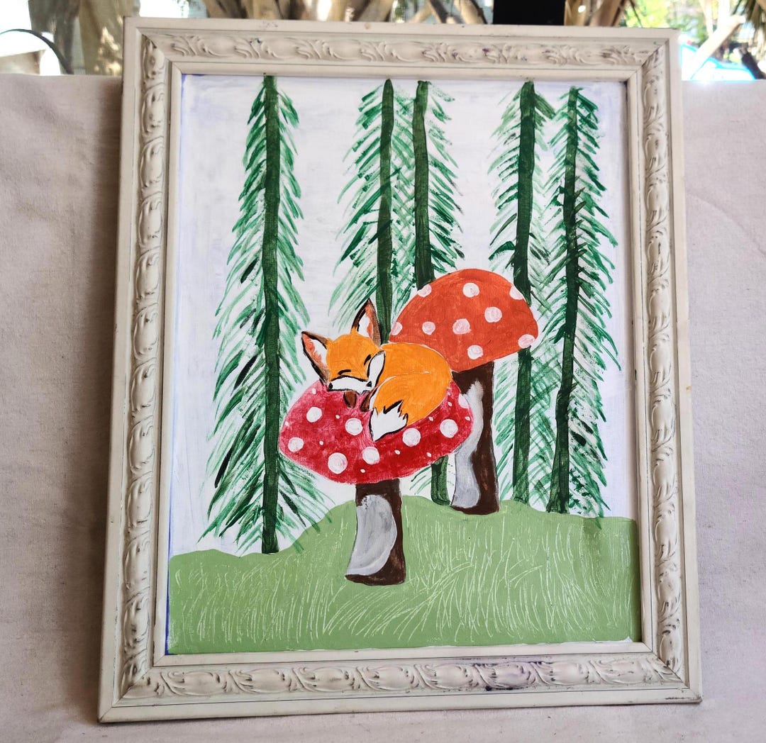 Vintage Handpainted Fox and Mushroom Art - Etsy