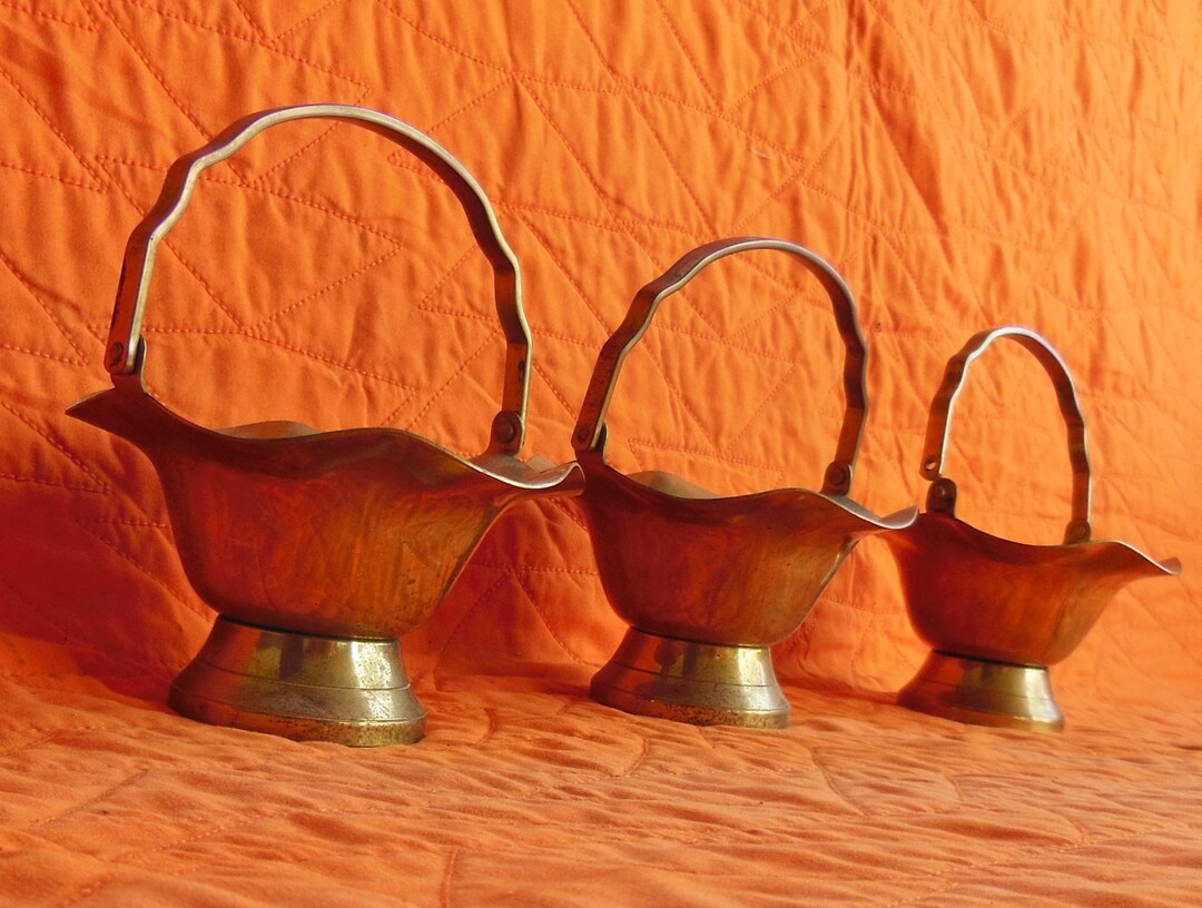 Vintage Set of 3 Brass Basket With Movable Handles Solid Brass Scallop ...