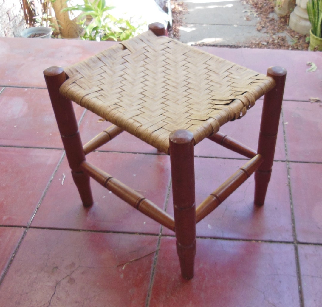 Vintage Wood Stool Woven Splint Seat Woven Bark Foot Stool - Etsy
