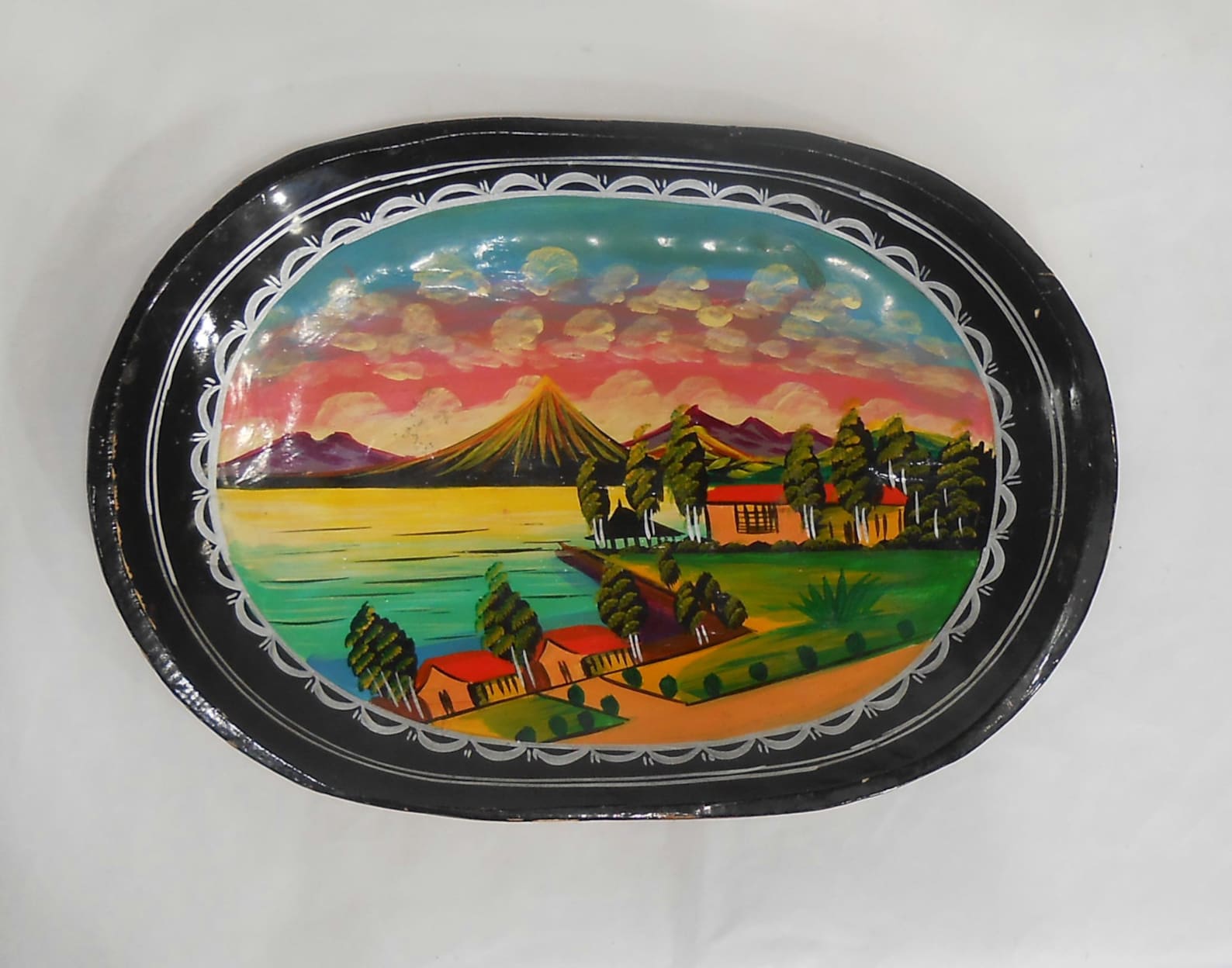 Vintage Vibrant Hand Painted Folk Art Scene Wood Platter Tray - Etsy