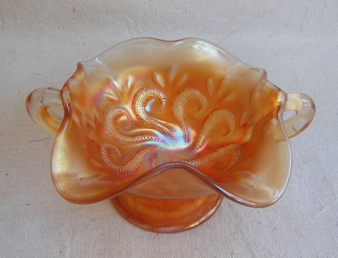 Vintage Carnival Glass Compote Marigold Orange Copper Peach Iridescent ...