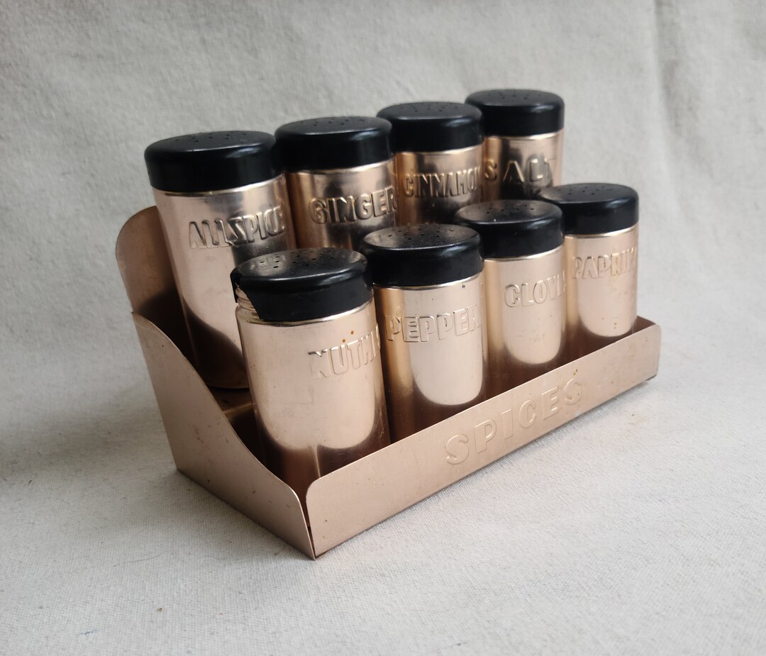 Vintage Copper Spice 8 Jar Set Includes Rack Metal Nasco Italy Mid Century Modern Kitchen ...