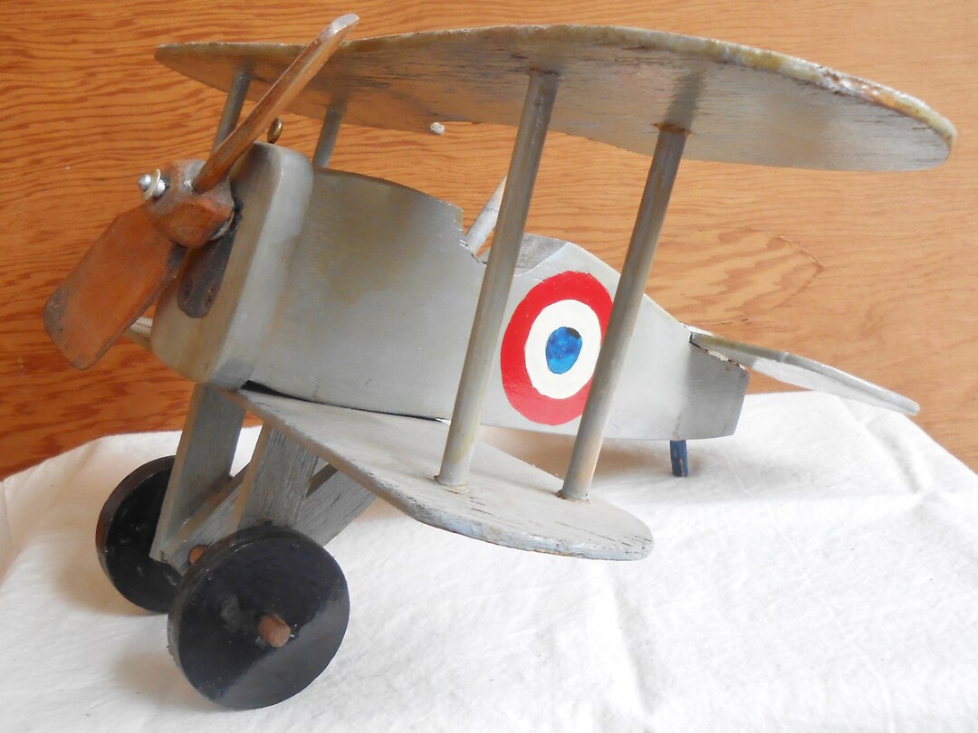 Vintage Handmade Model Airplane Biplane Folk Art Wood Craft Moving ...