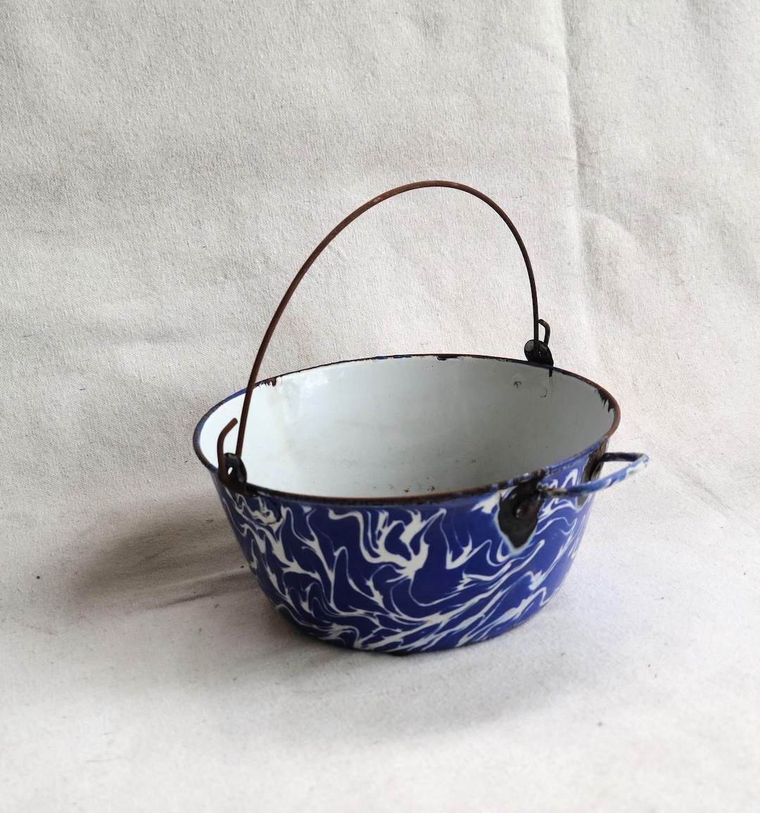 Antique Cobalt Blue Enamelware Bucket Kettle Pour Pot Dish With Handle ...