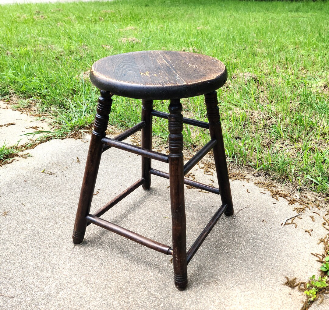 Vintage Turned Leg Wood Stool Distressed Rustic Old Stool Plant Stand ...