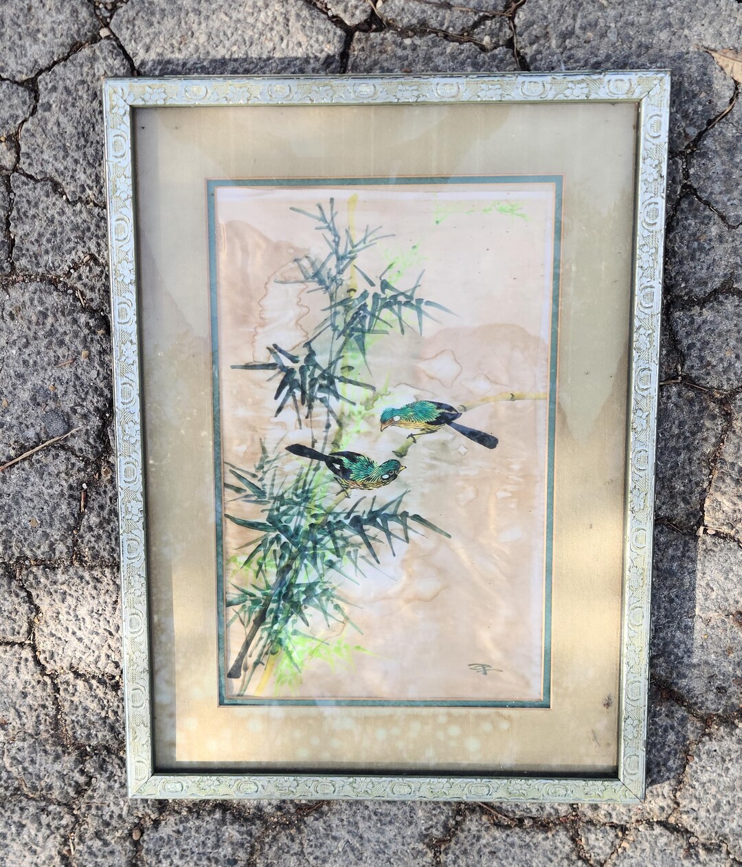 Vintage Handpainted Chinese Silk Birds Perched on Bamboo Stalk Carved ...