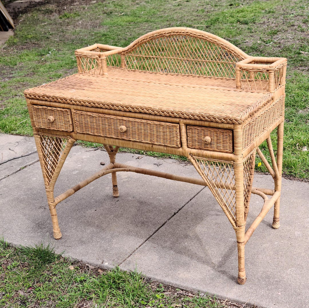 Wicker Writing Desk 3 Drawers Storage Compartments on Top - Etsy