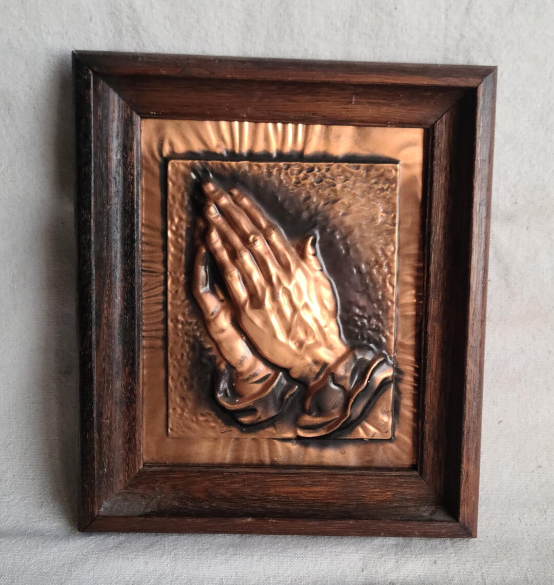 Vintage Copper 3D Praying Hands Christian Religious Wall Art Oak Wood ...