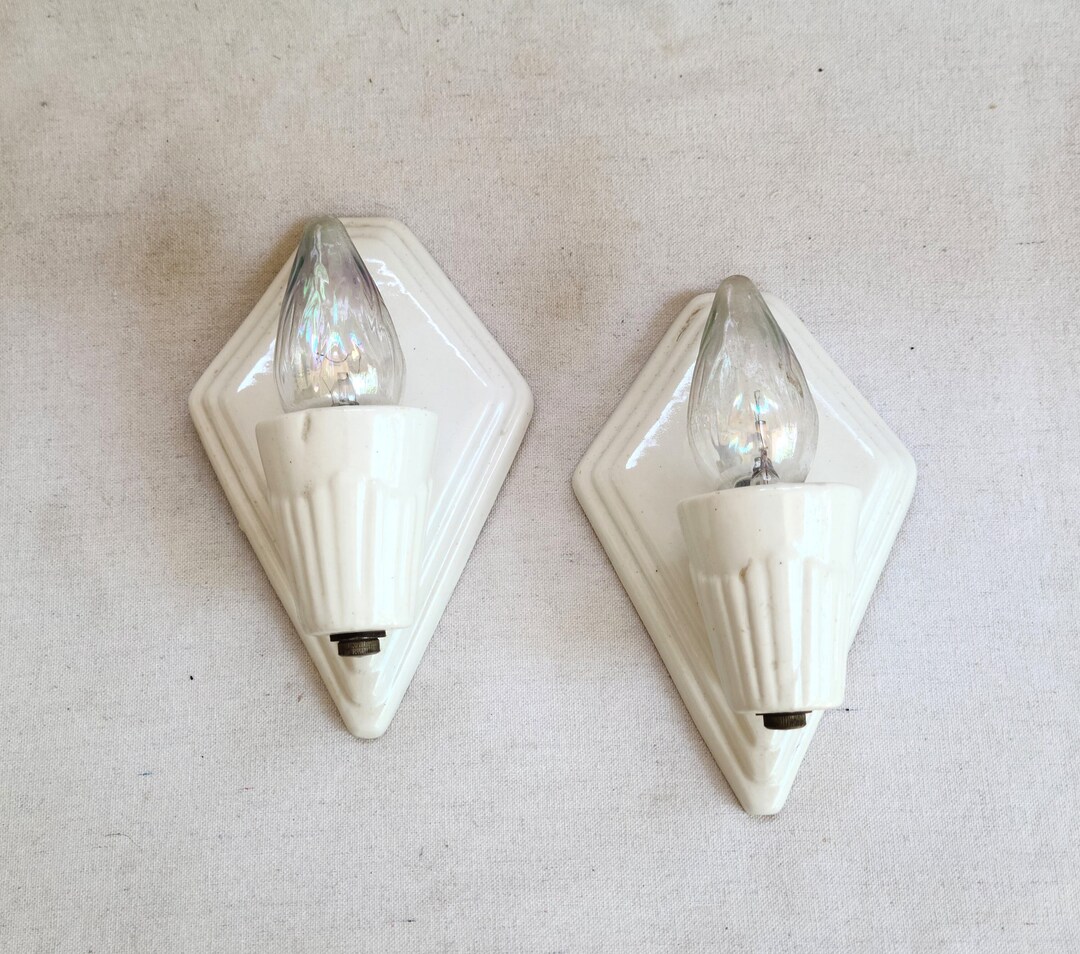 Antique Art Deco Porcelain Wall Scone Fixtures Pair of White Lamps Hall ...