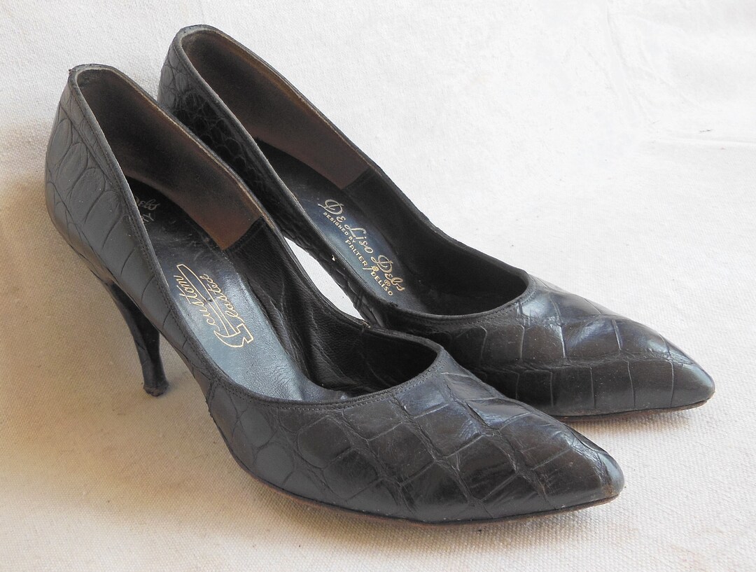 Vintage Reptile Animal Skin High Heel Pumps Black Leather Shoe Croc ...