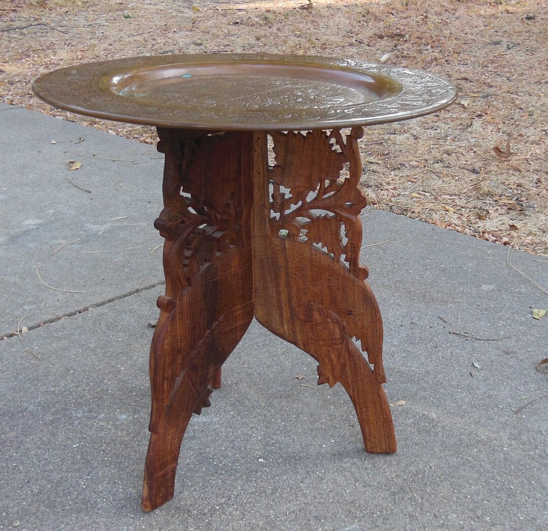 Vintage Carved Wood Moroccan Style Table With Brass Top - Etsy