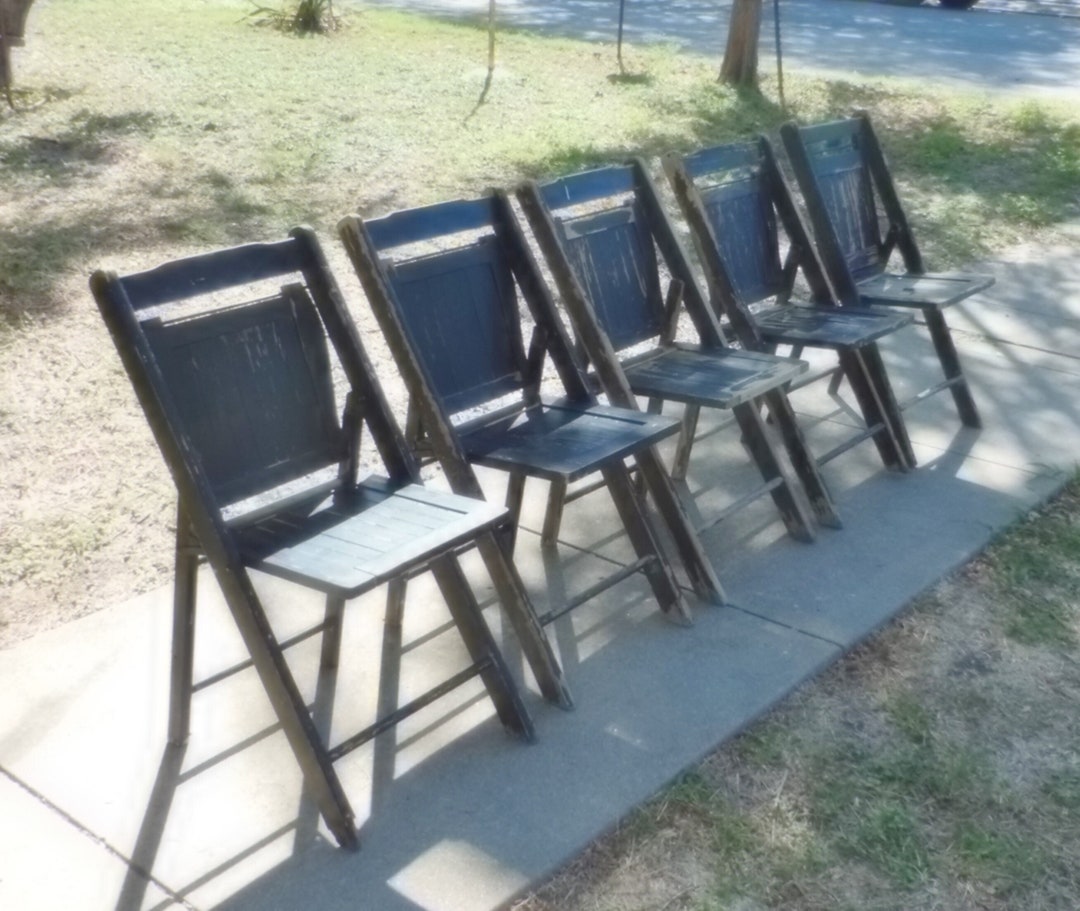 Vintage Set of 5 Wooden Folding Chairs Black Chippy Paint Fold up ...