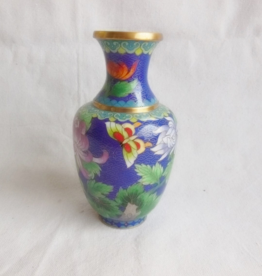 Vintage Jingfa Cloisonne Brass Metal Vase Cobalt Blue Vibrant Floral ...