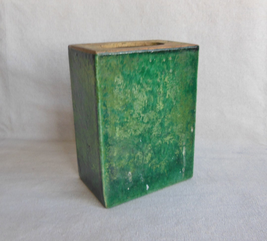Vintage Green Art Pottery Vase Rectangle Shades of Green Mid Century ...