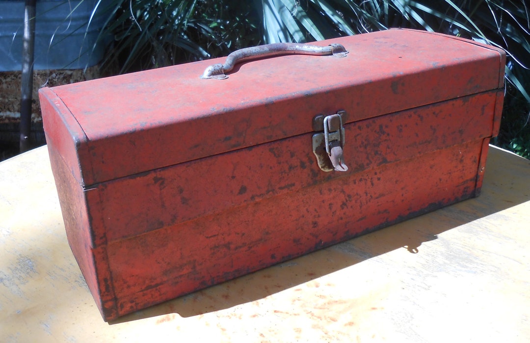 Vintage Heavy Metal Toolbox in Rusty Red Shop Garage Retro Storage ...