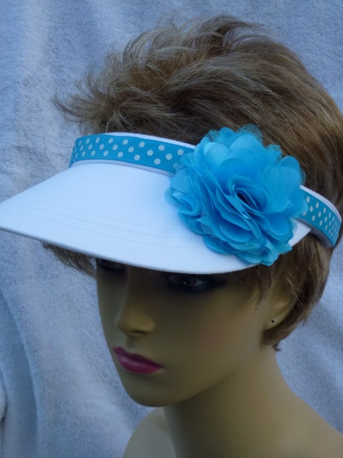 Ribbon Trim Sun Visor With Turquoise Polka Dots and Turquoise Flower ...