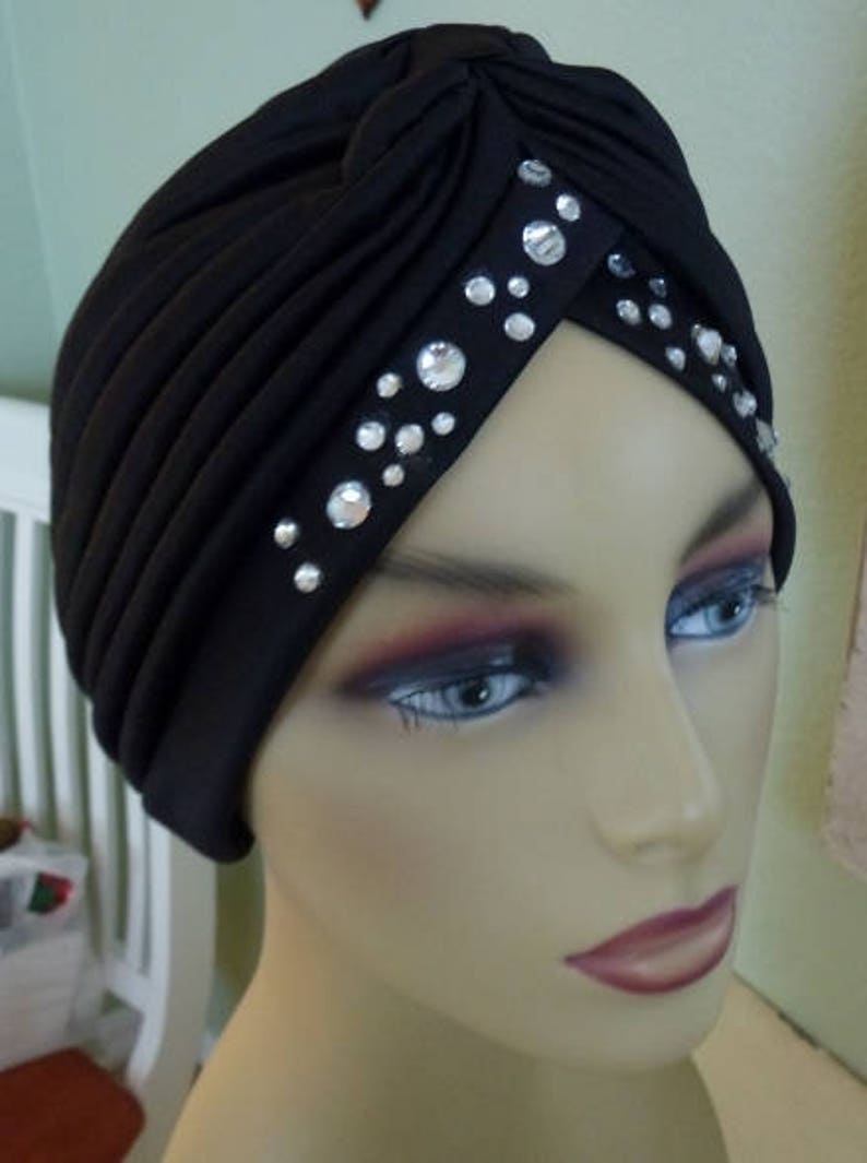 Chemo Glitzy Black Dressy Turban Hat With Rhinestones - Etsy