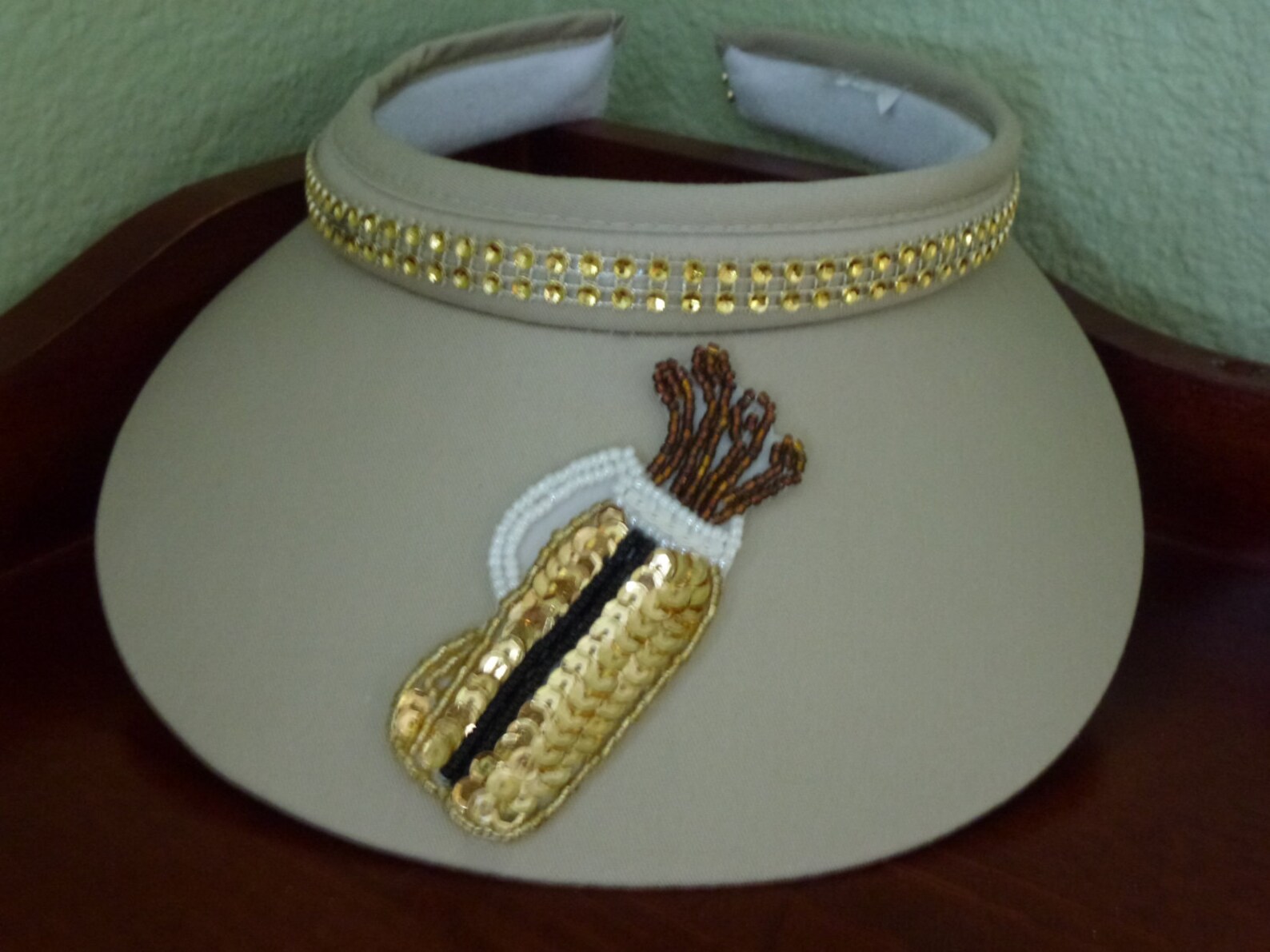Glitzy Tan Golf Sun Visor With Large Sequin Golf Bag Applique and Gold ...