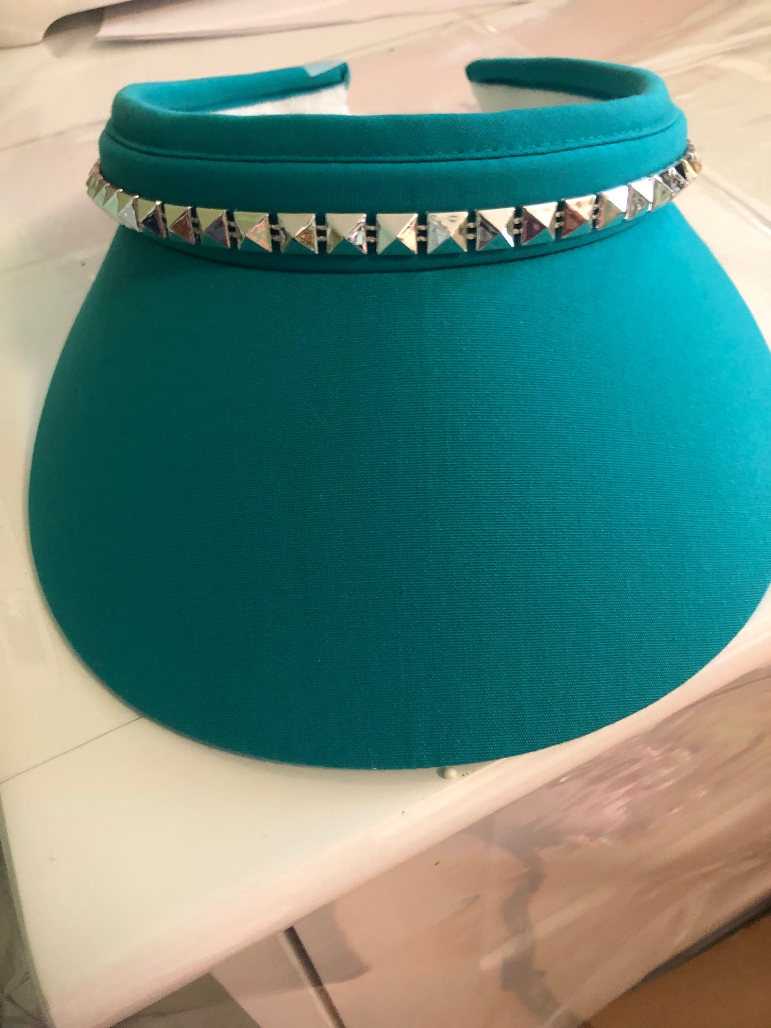 Glitzy Teal Sun Visor With Silver Studs, Teal and Silver Ladies Hand ...