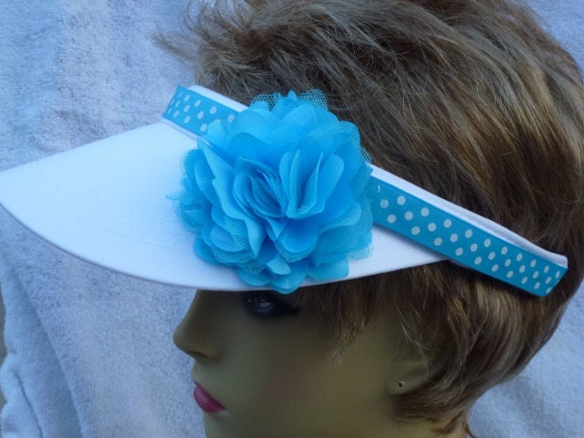 Ribbon Trim Sun Visor With Turquoise Polka Dots and Turquoise Flower ...