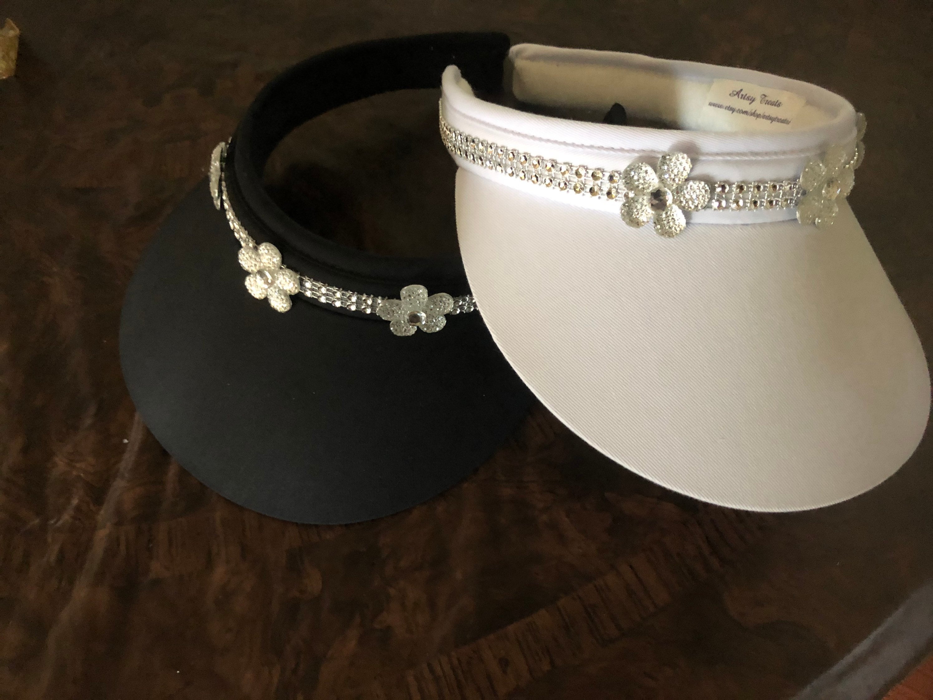 Glitzy Sun Visor in White or Black Decorated With Beaded Flowers and ...