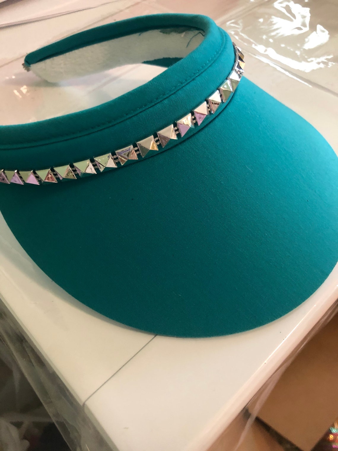 Glitzy Teal Sun Visor With Silver Studs, Teal and Silver Ladies Hand ...