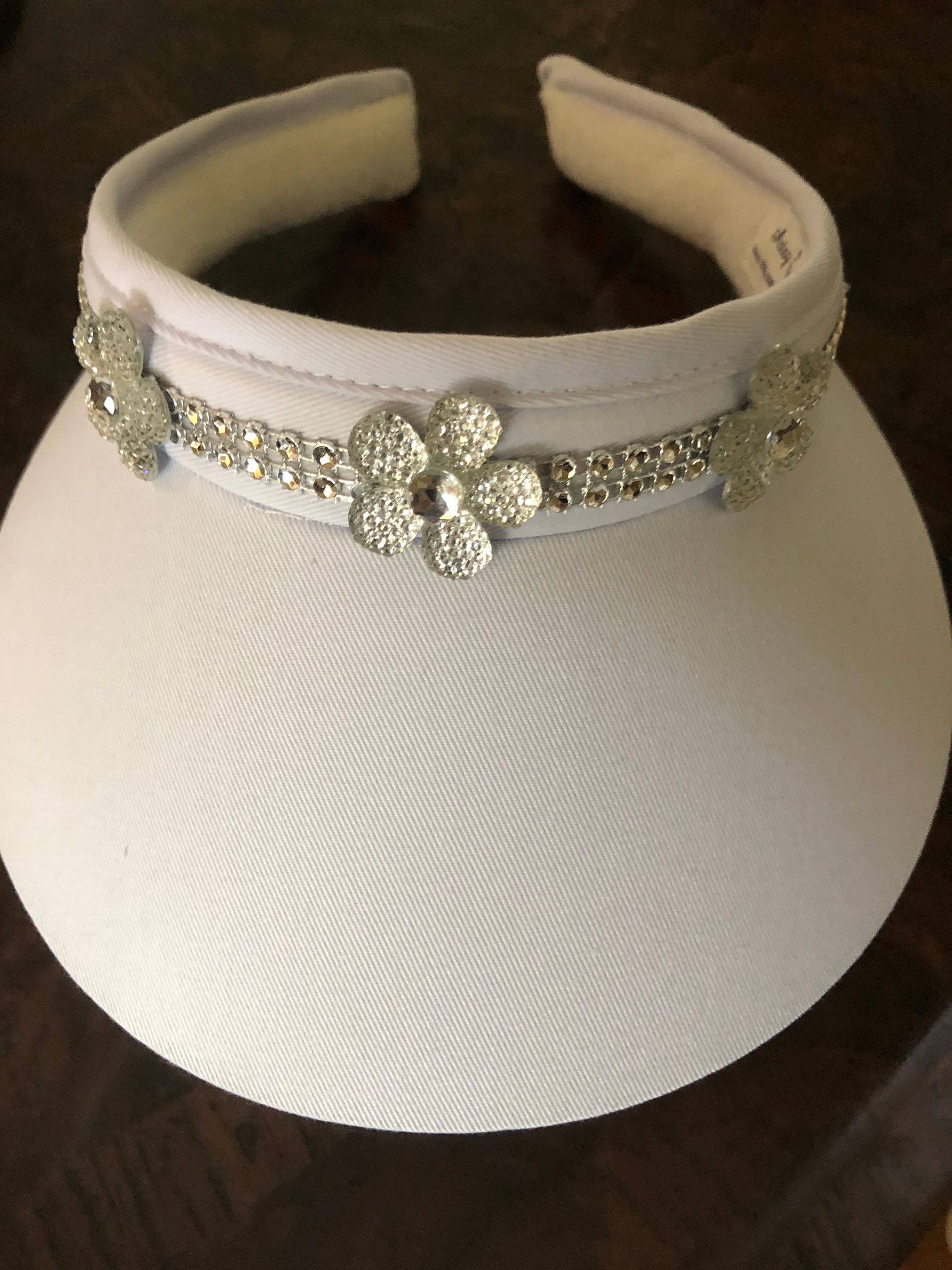 Glitzy Sun Visor in White or Black Decorated With Beaded Flowers and ...