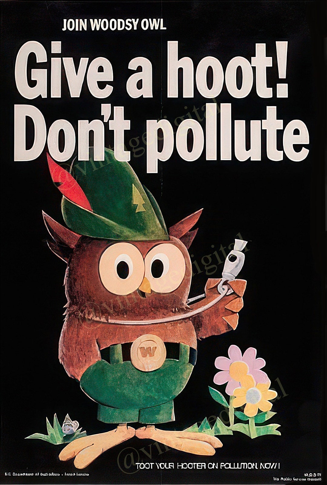 Vintage 1970s Woodsy Owl Give a Hoot, Don't Pollute Replica Digital Ad ...