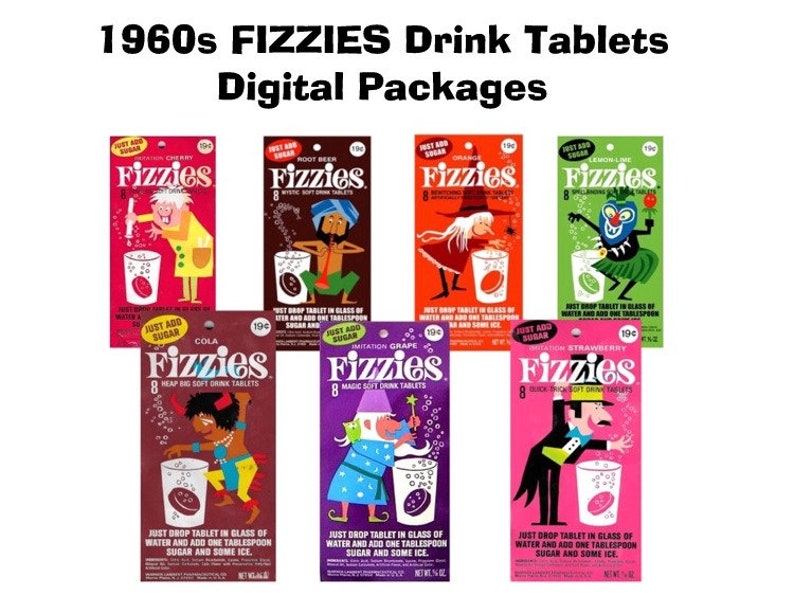 Set of 7 Vintage 1960s Fizzies Drink Tablets DIGITAL Packets - Digital ...
