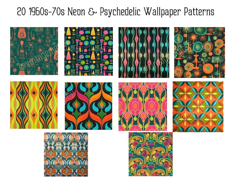 Lot of 20 1950s-70s Printable Retro Vintage Neon and Psychedelic ...