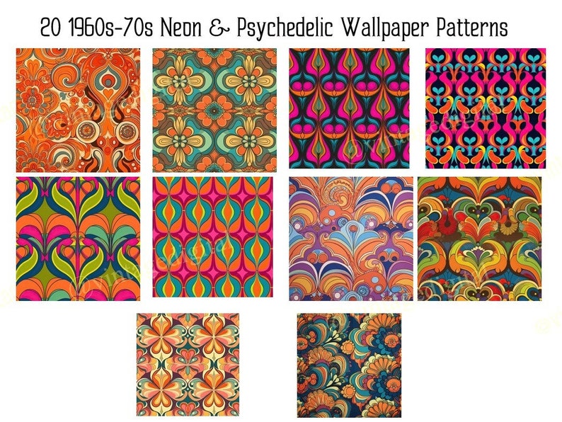 Lot of 20 1950s-70s Printable Retro Vintage Neon and Psychedelic ...