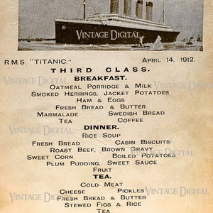 Vintage 1912 Final Titanic 3rd Class Breakfast Menu Digital Download ...