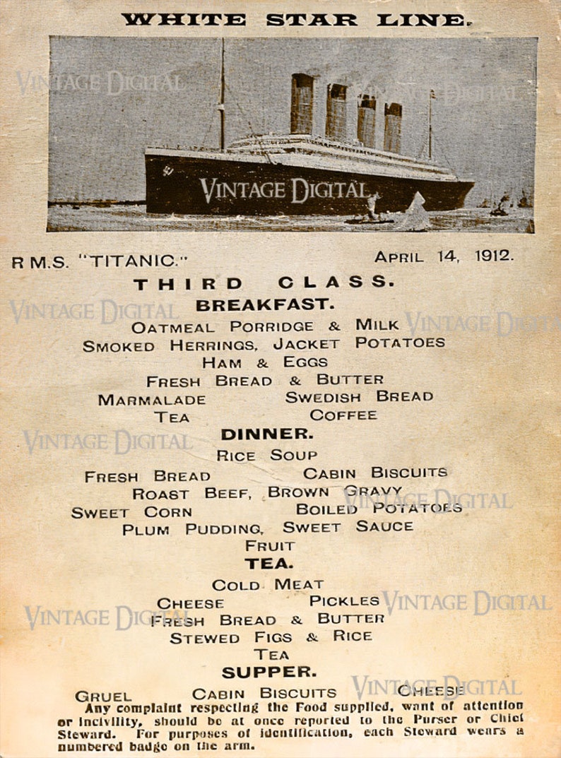Vintage 1912 Final Titanic 3rd Class Breakfast Menu Digital Download ...