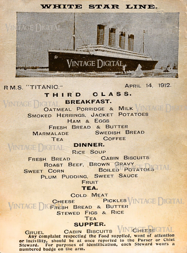 Vintage 1912 Final Titanic 3rd Class Breakfast Menu Digital Download ...