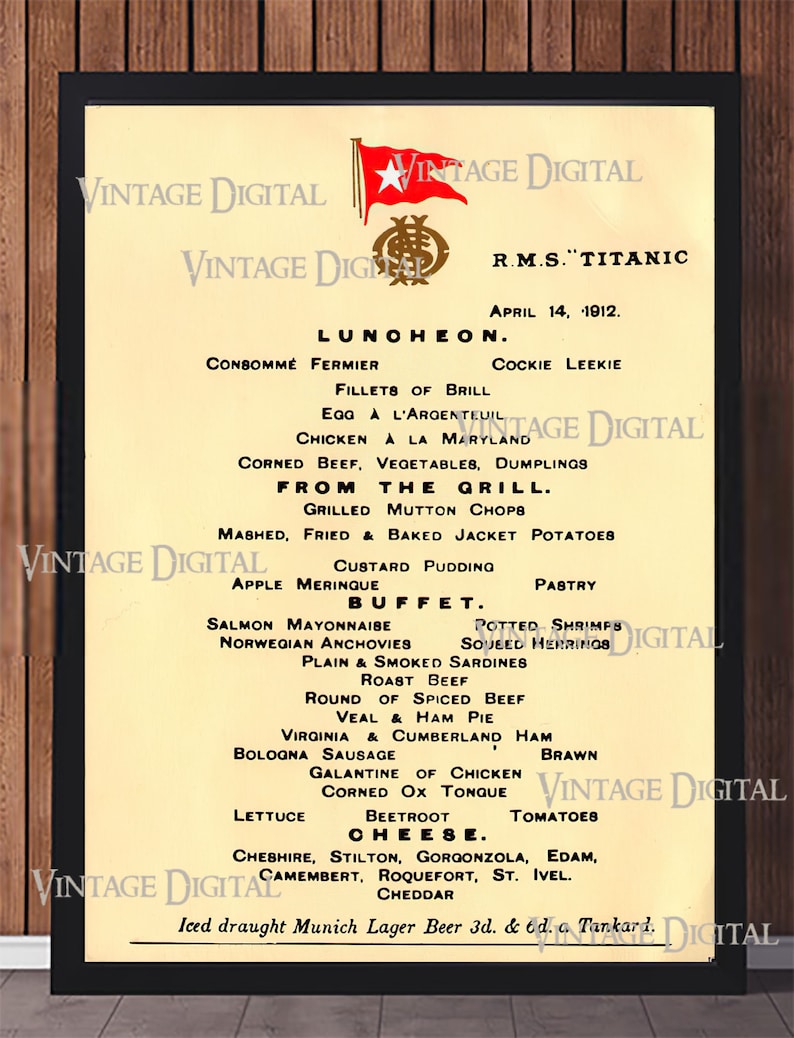 Vintage 1912 Final Titanic Luncheon Menu Digital Download Printable Art ...