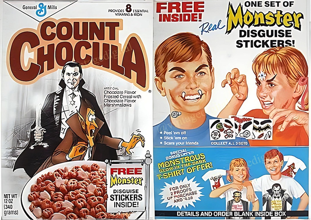 1980s GM Count Chocula Cereal Box and Monster Disguise Stickers Back ...