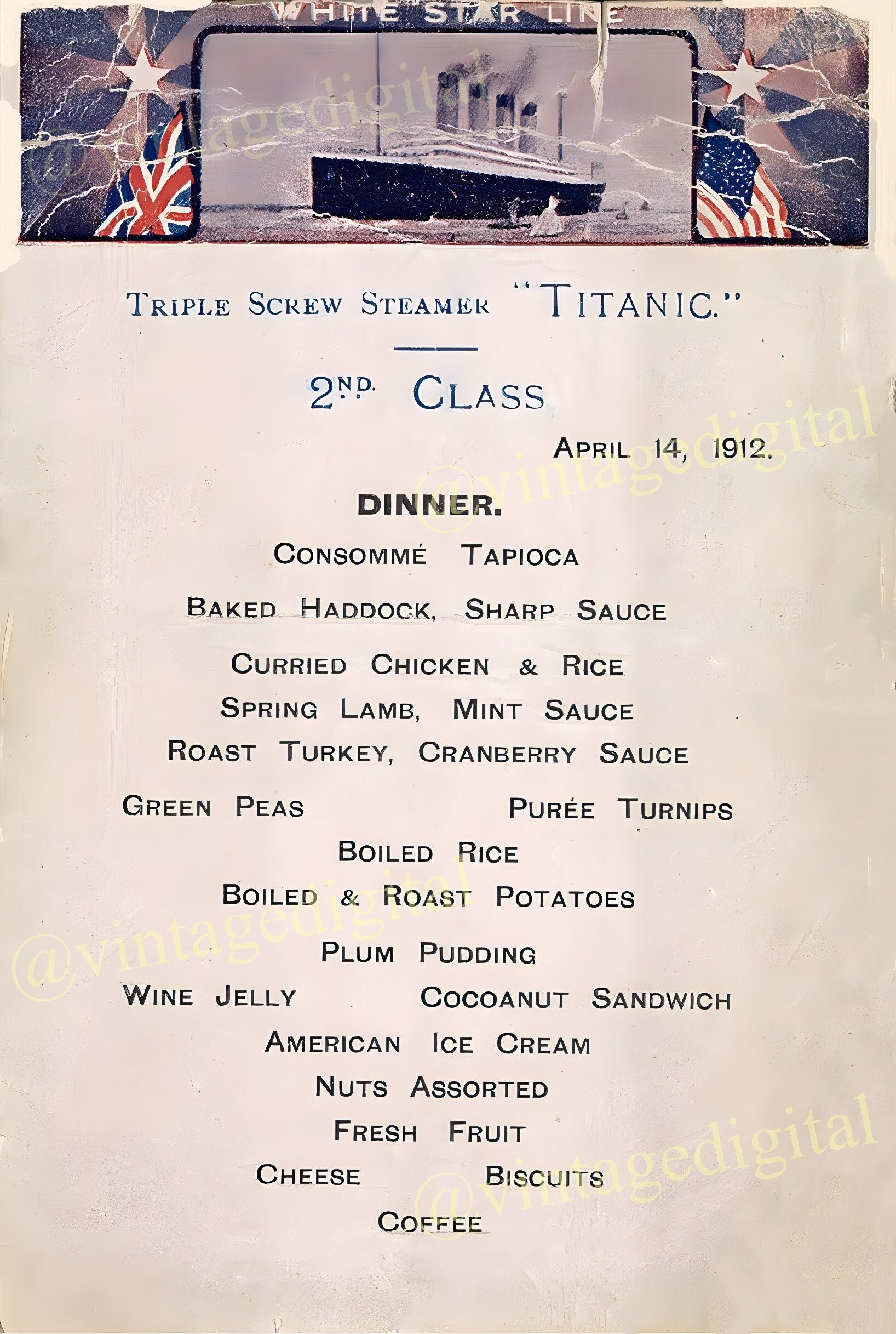 Vintage 1912 Final Titanic 2nd Class Dinner Menu Digital Download ...
