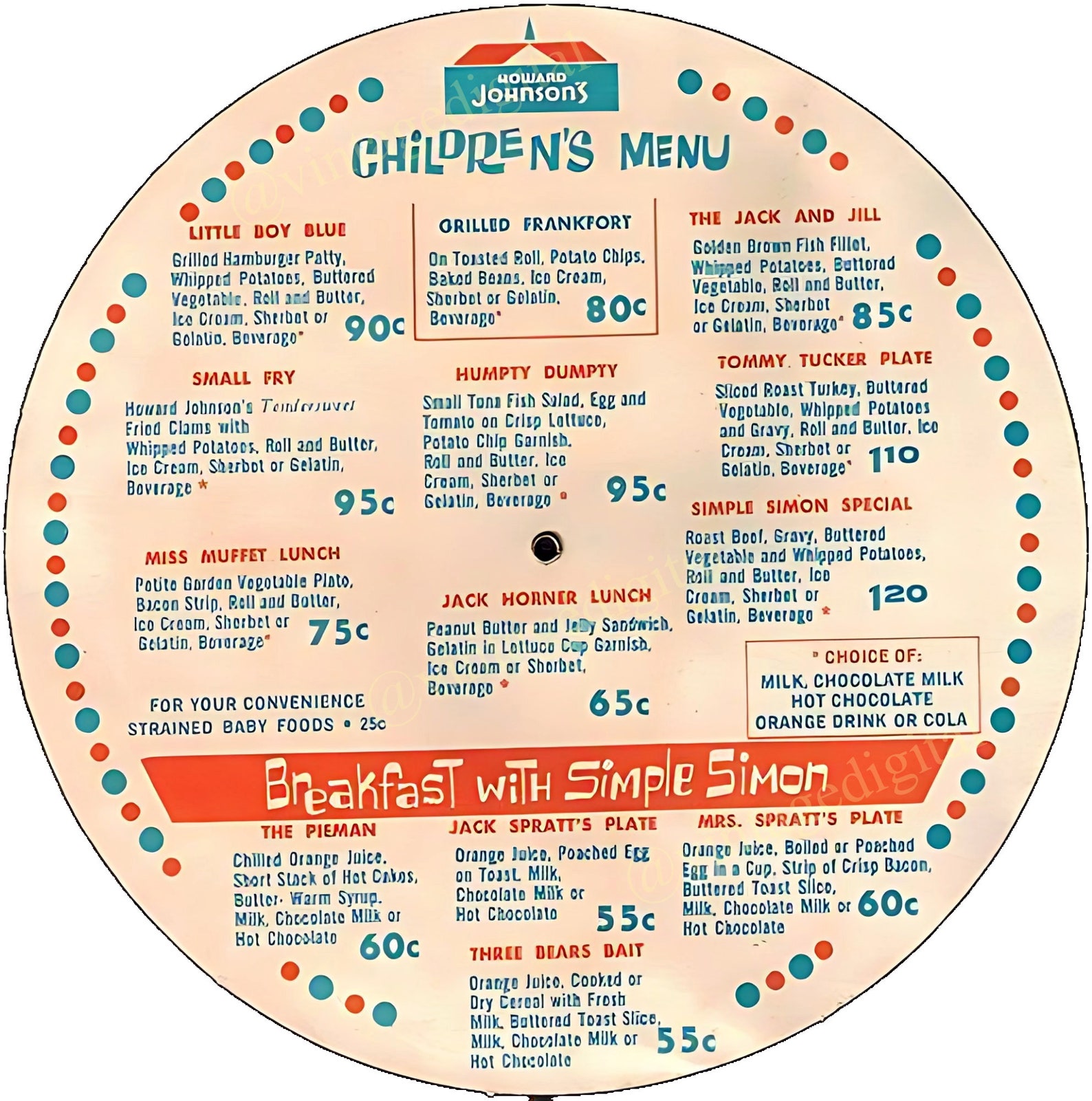 Vintage 1960s Howard Johnson's Restaurant Children's Round Menu ...