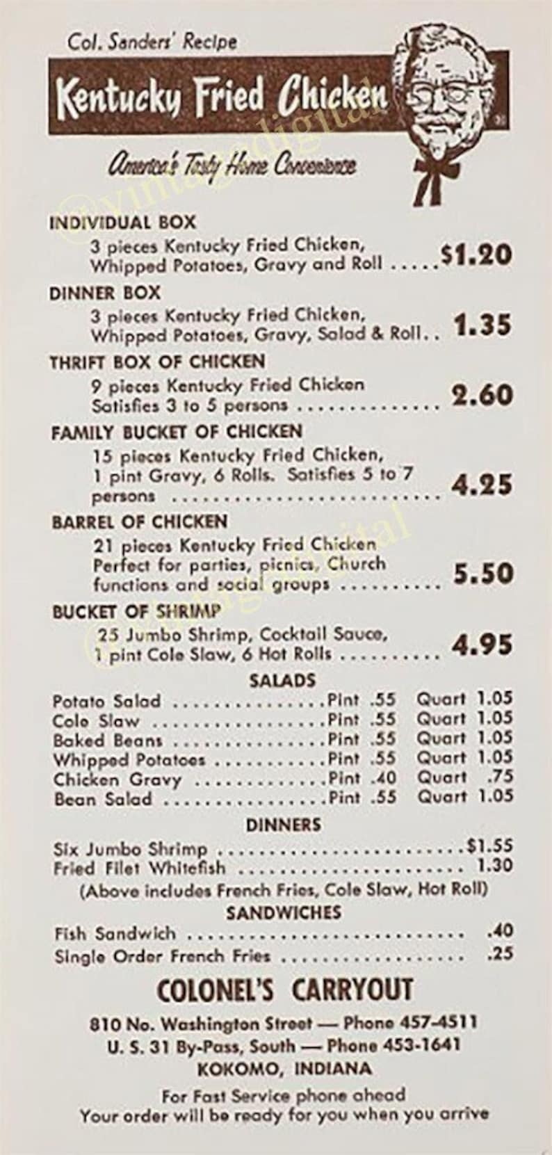 Vintage 1960s Kentucky Fried Chicken KFC Menu Frameable Art Digital ...