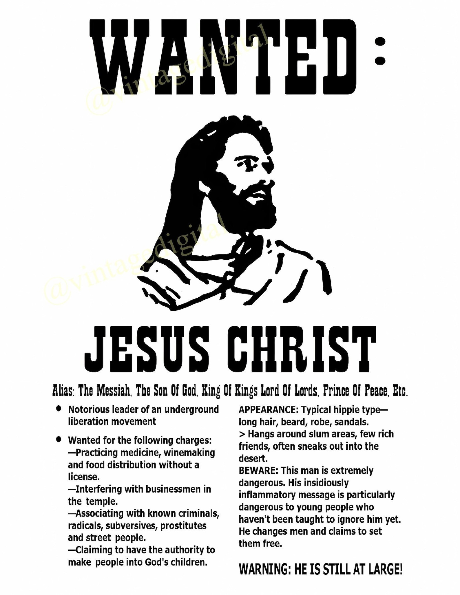 Vintage 1970s Wanted: Jesus Christ Replica Poster - Black or Red Title ...