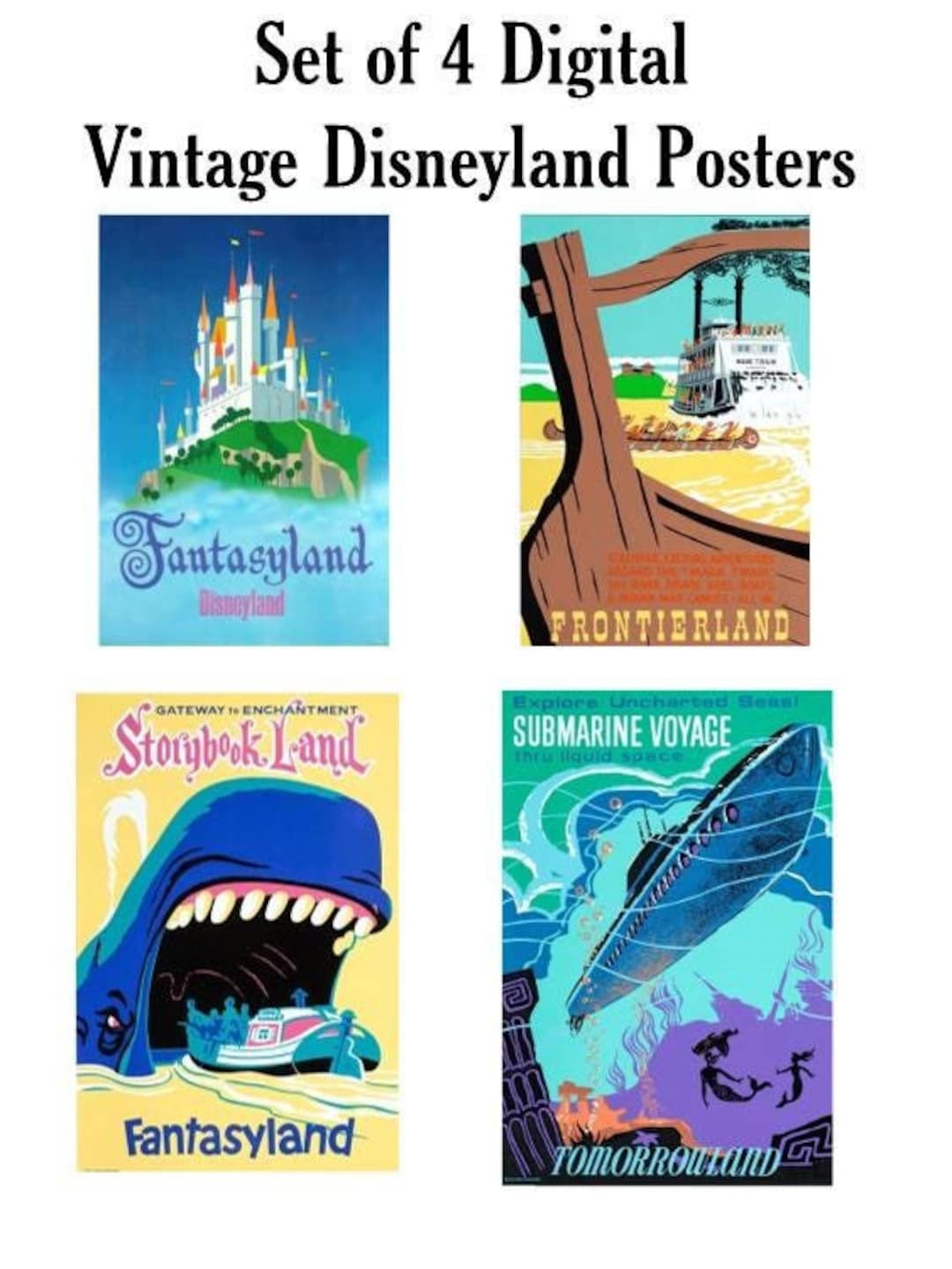 Set of 4 Vintage Disneyland Replica Posters Digital Download Printable ...