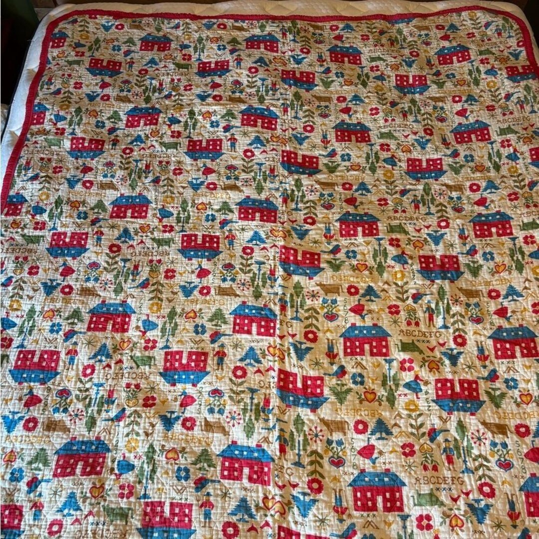 Cozy VTG Boho Scandinavian Farmhouse Village Folk Art Scene Quilt ...