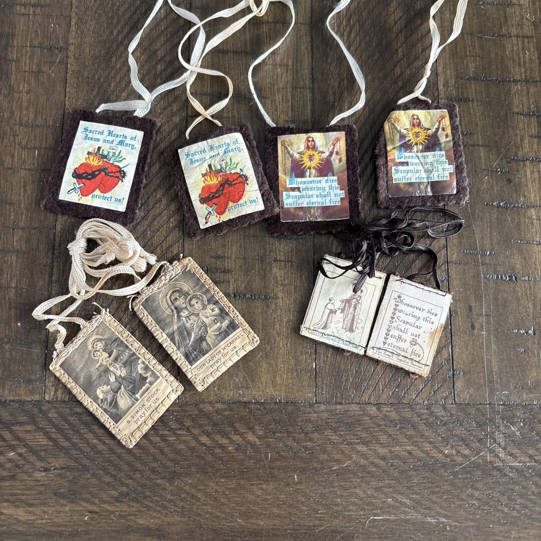VTG Catholic Scapular Cloth Medallion Devotional Lady of Mtcarmel Jesus ...