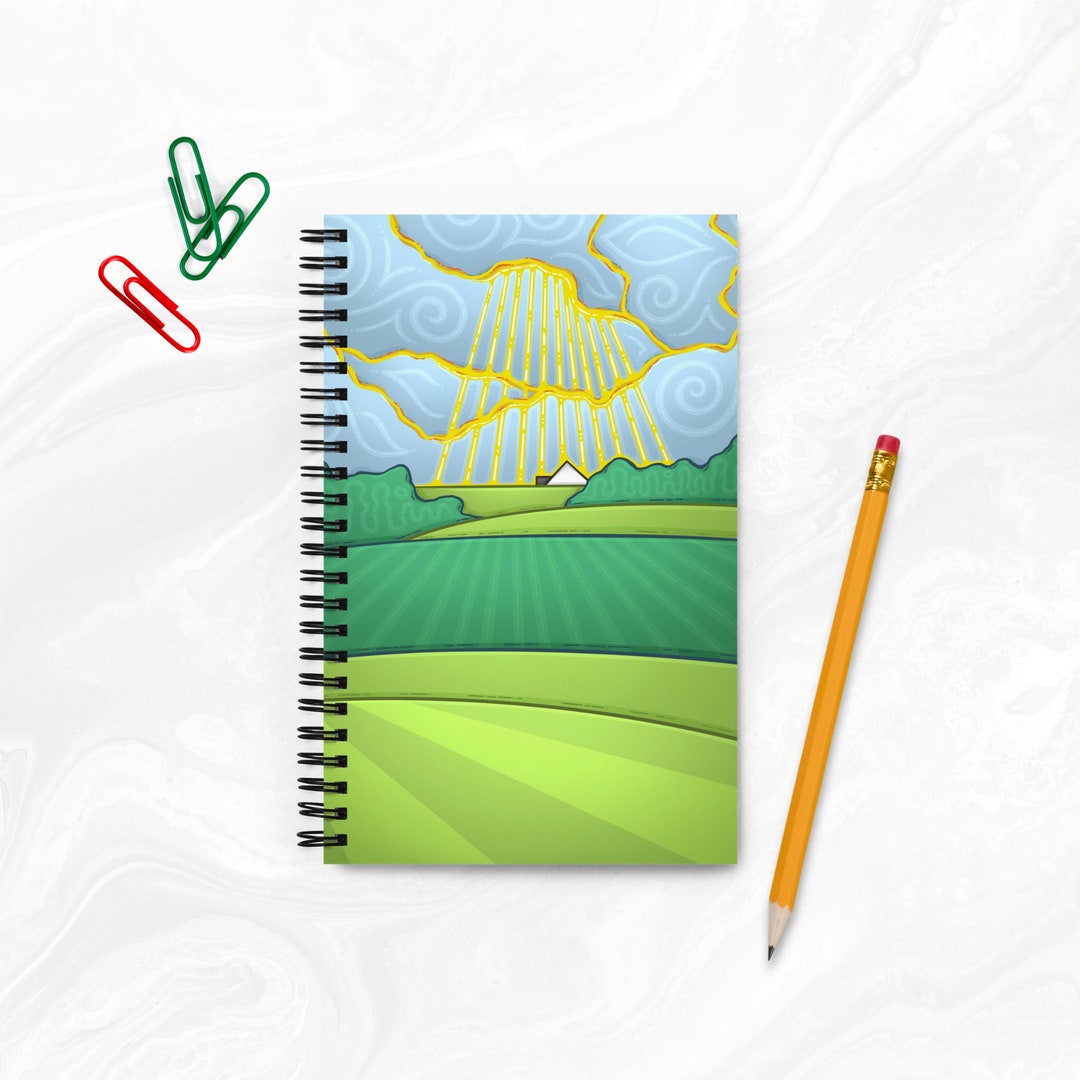 Nature Landscape Spiral Notebook, Green Sunlit Fields Dot Grid Journal ...