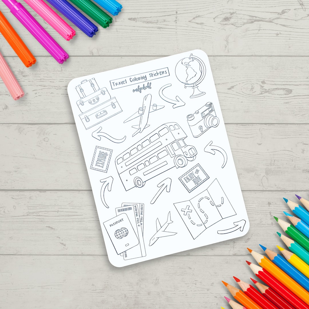 Travel Coloring Stickers: Wanderlust Journal Sticker Sheet - Etsy